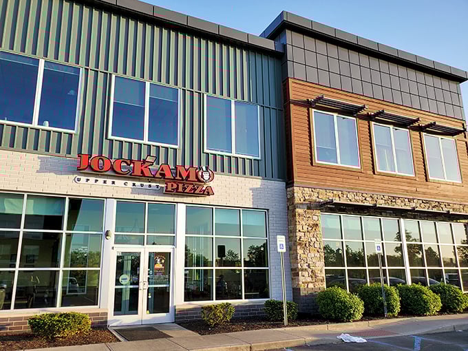 Jockamo Upper Crust: Where pizza gets a posh makeover. This modern marvel proves that 'fancy' and 'pizza' can coexist deliciously.