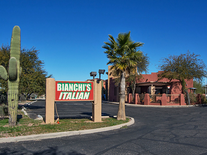 The earthy tones of Bianchi's exterior blend with the Tucson landscape like pizza sauce into cheese—a perfect, natural union.