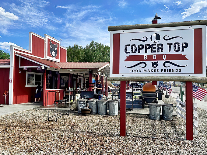 Those gleaming copper smokers aren't just for show – they're the beating heart of this roadside BBQ sanctuary in the Eastern Sierra.