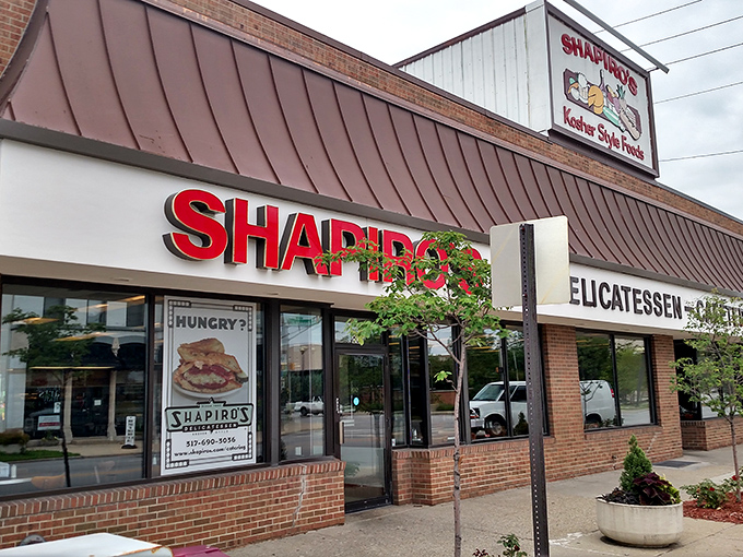 The iconic red Shapiro's sign beckons like a lighthouse for the sandwich-starved. This brick-faced beacon has guided hungry Hoosiers to deli nirvana for generations.