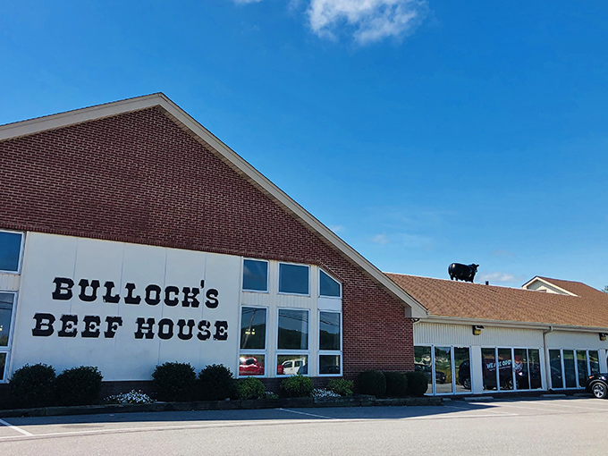 The brick facade of Bullock's Beef House stands like a carnivore's lighthouse, beckoning hungry travelers through Carroll County's rolling countryside.