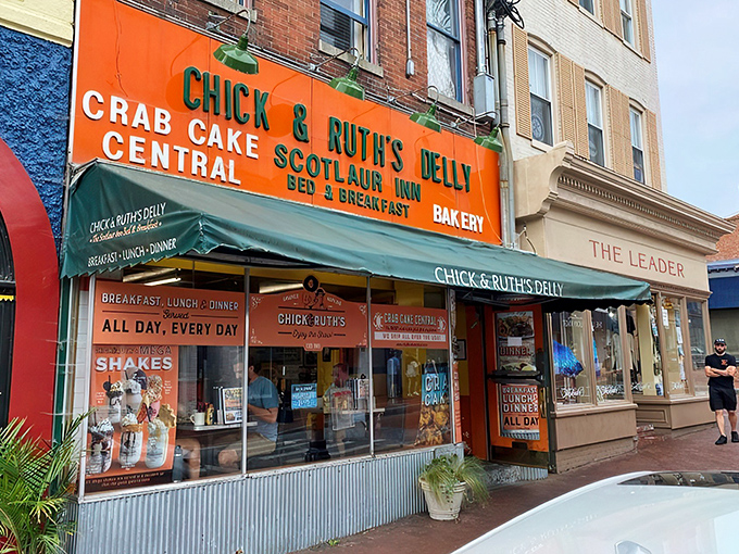 That orange storefront isn't subtle, but neither are the portions inside. Annapolis's beloved landmark announces itself with the subtlety of a foghorn.