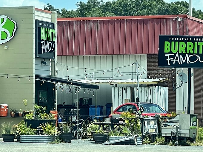 The bright green umbrellas and signage of Burrito Famous beckon like a culinary lighthouse in Gainesville's sea of chain restaurants.