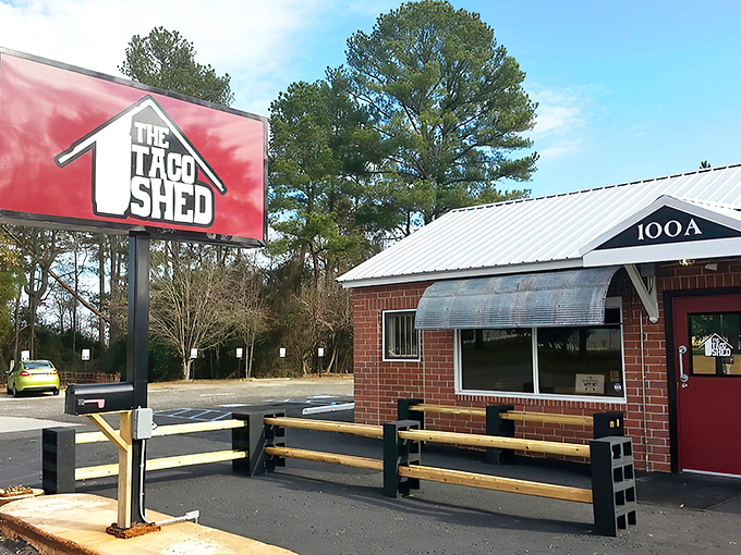 Morning sunshine meets brick-and-mortar simplicity at The Taco Shed. This unassuming Warner Robins landmark proves great breakfasts don't need fancy facades.