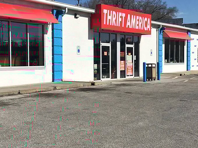 The bold red sign beckons like a siren call to treasure hunters. Thrift America's unassuming exterior hides a wonderland of vintage finds within. 