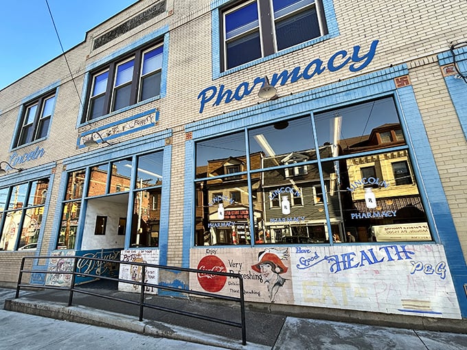 The iconic blue-trimmed exterior of Lincoln's P&G Diner stands as a beacon of breakfast hope in Bellevue. Time to eat, indeed! 