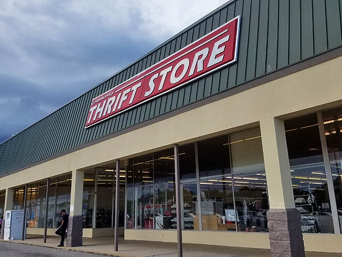 The unassuming exterior belies the treasure trove within. That bold red sign is like a beacon calling to bargain hunters across South Carolina.