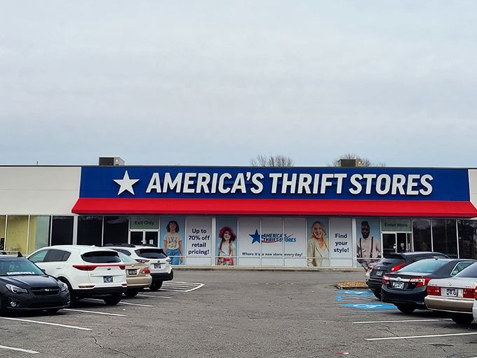 The red, white, and blue facade of America's Thrift Stores stands like a patriotic monument to bargain hunting. Treasure awaits inside!