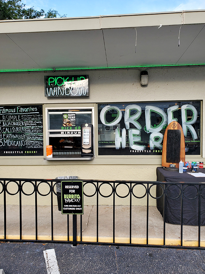 The bright green umbrellas and signage of Burrito Famous beckon like a culinary lighthouse in Gainesville's sea of chain restaurants.