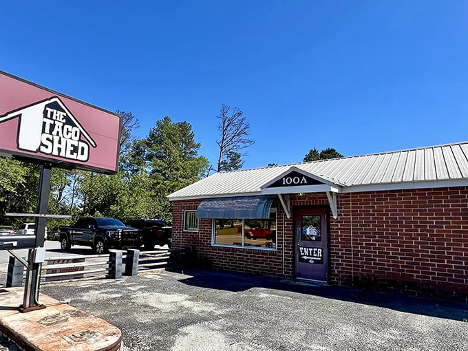 Morning sunshine meets brick-and-mortar simplicity at The Taco Shed. This unassuming Warner Robins landmark proves great breakfasts don't need fancy facades.