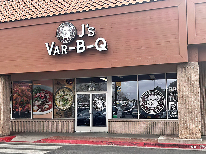 J's Var-B-Q announces itself with modest confidence from its strip mall home. Like all true barbecue legends, it knows great smoked meat needs no fancy facade.