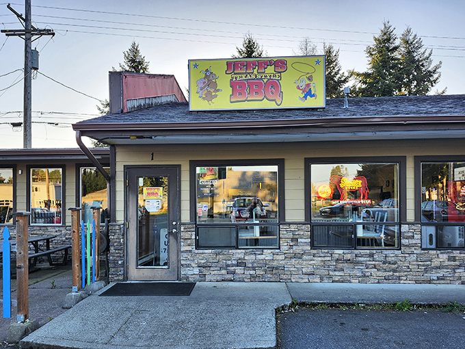 The bright yellow sign beckons like a smoky siren call to barbecue pilgrims. This unassuming Marysville storefront houses meat magic that would make a Texan weep with joy.