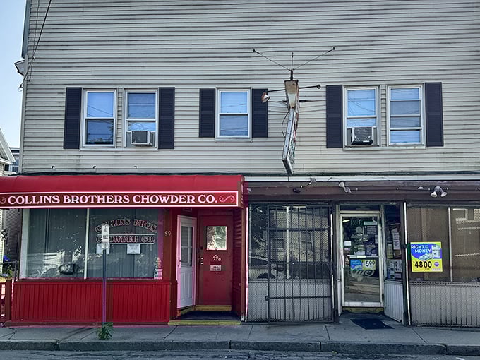 The unassuming red storefront of Collins Brothers Chowder stands like a culinary lighthouse in Nashua, beckoning seafood pilgrims with its no-frills promise of excellence.