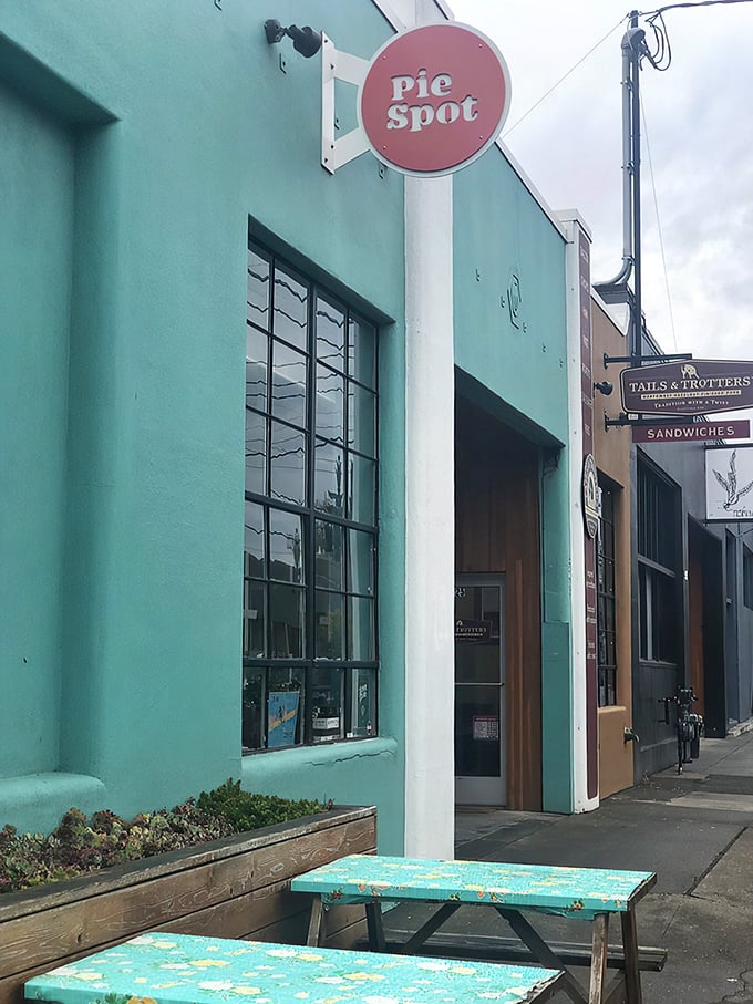 The turquoise beacon of Portland's pie paradise beckons with its cheerful pink signage&mdash;like a dessert lighthouse guiding hungry souls to safety.