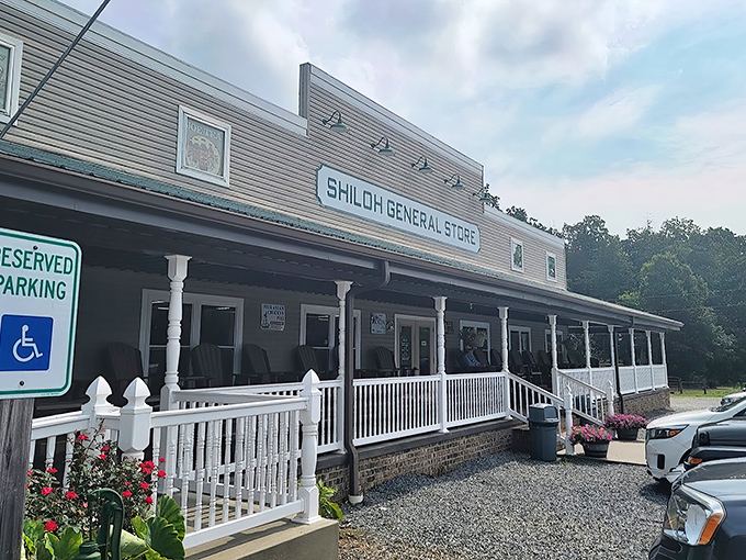 The unassuming exterior of Shiloh General Store stands like a time capsule, complete with rocking chairs that practically whisper "stay awhile, y'all." 
