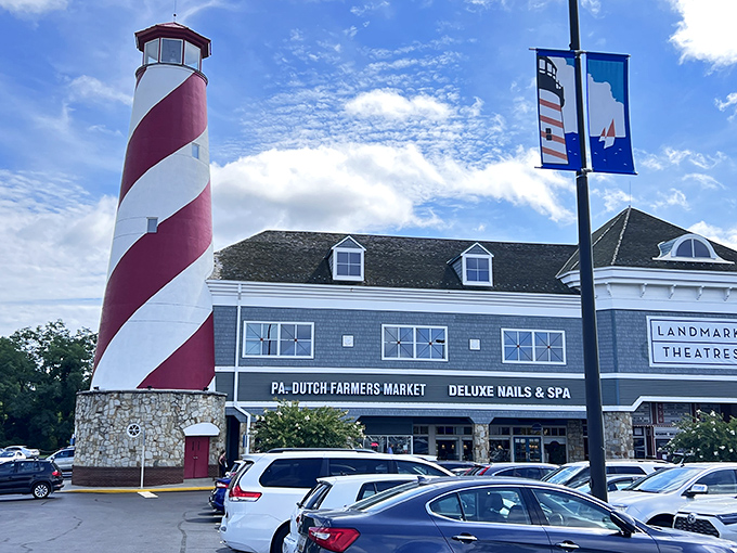 The iconic red and white lighthouse tower stands like a culinary beacon, guiding hungry souls to this slice of Pennsylvania Dutch paradise in Annapolis.