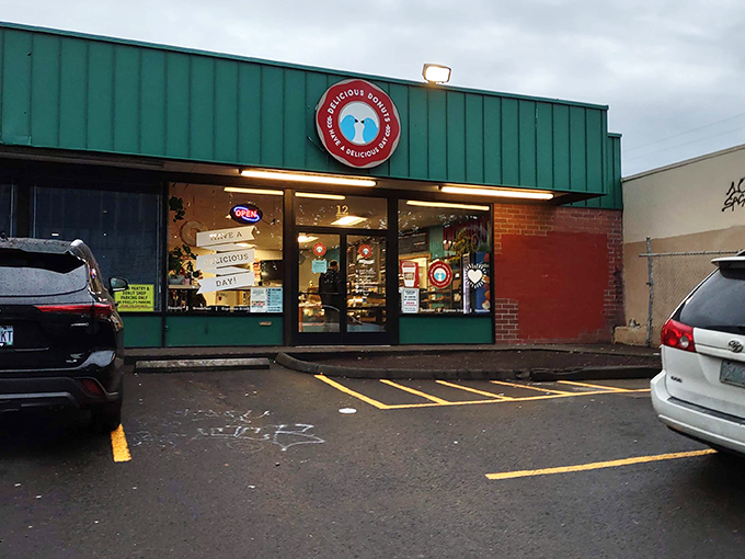 The humble exterior belies the magic within. Portland's donut paradise announces itself with a simple sign and a promise of deliciousness. 