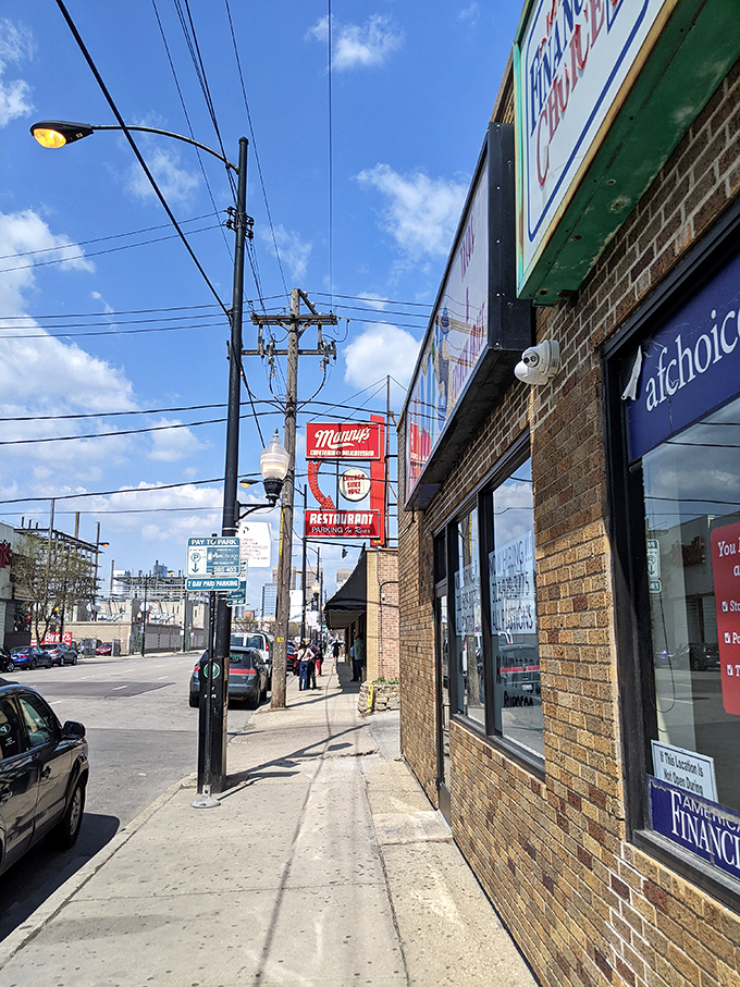 Chicago's skyline plays second fiddle to the real star&mdash;that iconic red Manny's sign promising delicatessen delights since 1942.