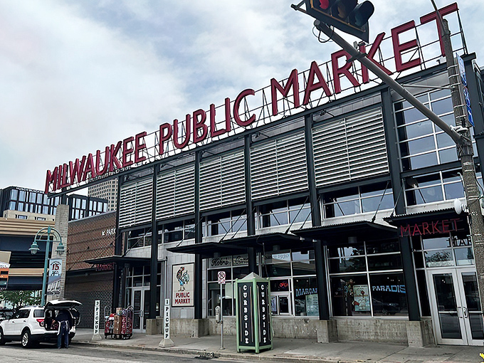 The Milwaukee Public Market stands proud against a blue sky, housing seafood treasures that would make coastal cities jealous.