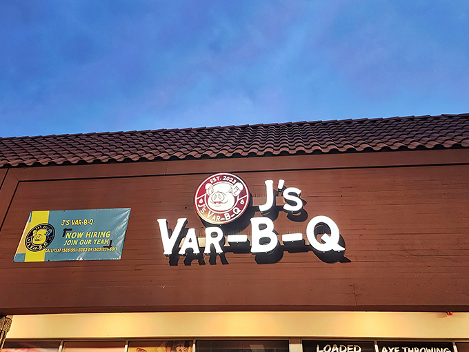 J's Var-B-Q announces itself with modest confidence from its strip mall home. Like all true barbecue legends, it knows great smoked meat needs no fancy facade.