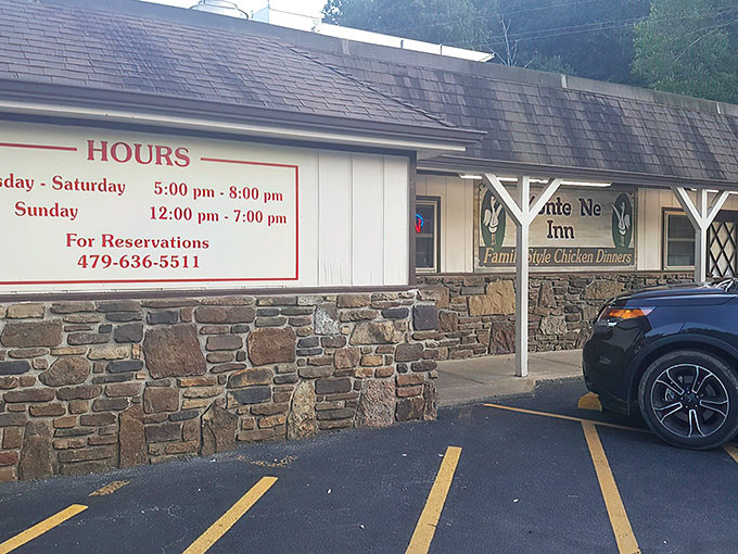 The unassuming stone facade of Monte Ne Inn promises what Vegas showgirls can't deliver &ndash; honest-to-goodness family-style chicken that's worth the drive.