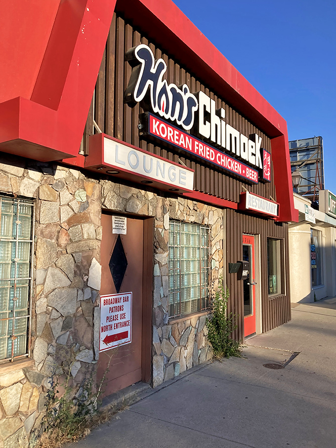 The unassuming red-trimmed exterior of Han's Chimaek stands like a beacon of crispy promise on Broadway Avenue in Boise.