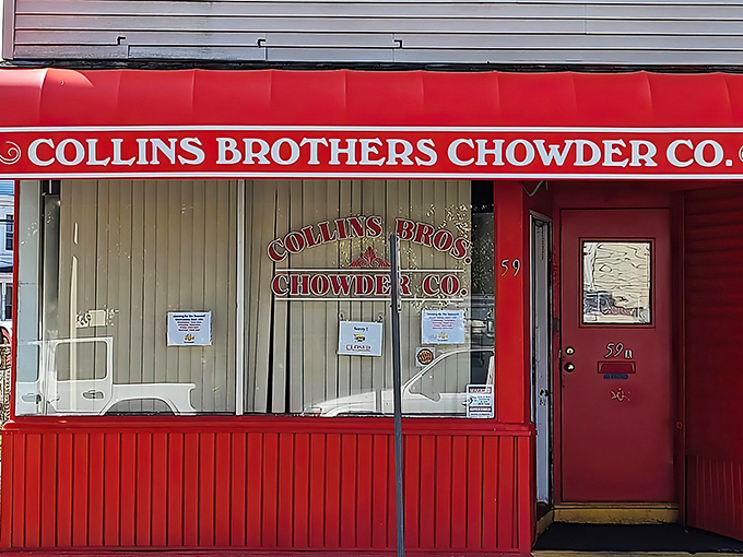 The unassuming red storefront of Collins Brothers Chowder stands like a culinary lighthouse in Nashua, beckoning seafood pilgrims with its no-frills promise of excellence.