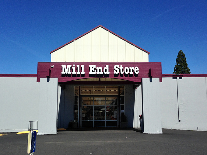 The unassuming exterior of Mill End Store belies the fabric wonderland within, like a textile TARDIS waiting to expand your creative universe.