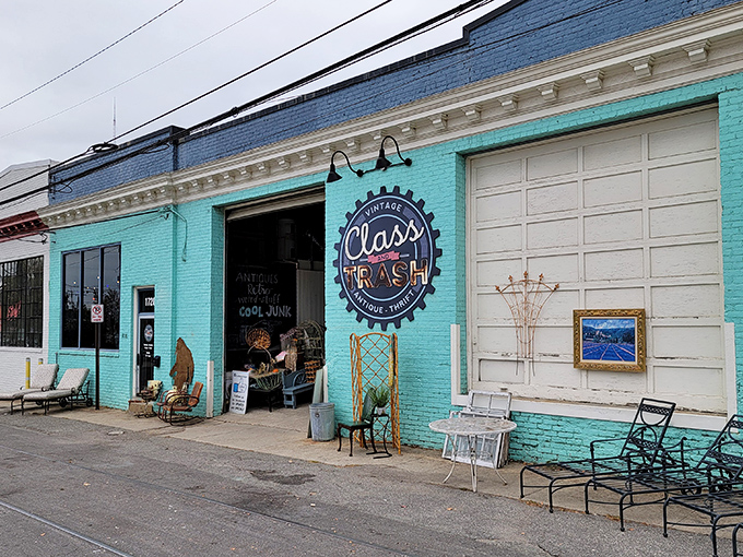 The turquoise facade of Class and Trash beckons like a vintage siren, promising treasures within that span from elegant to eccentric.