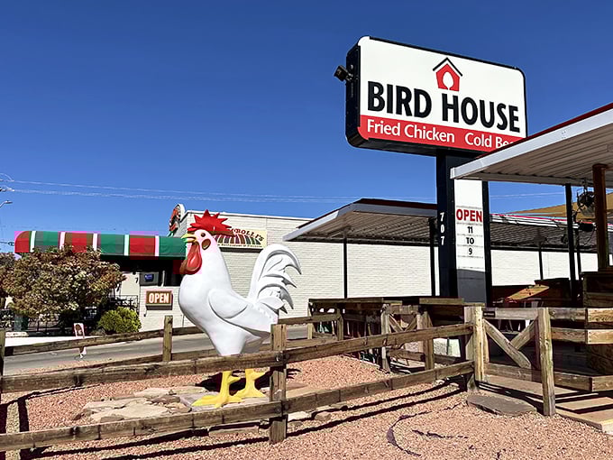 The giant rooster stands sentinel outside BirdHouse like a proud bouncer guarding the gates to crispy chicken paradise.