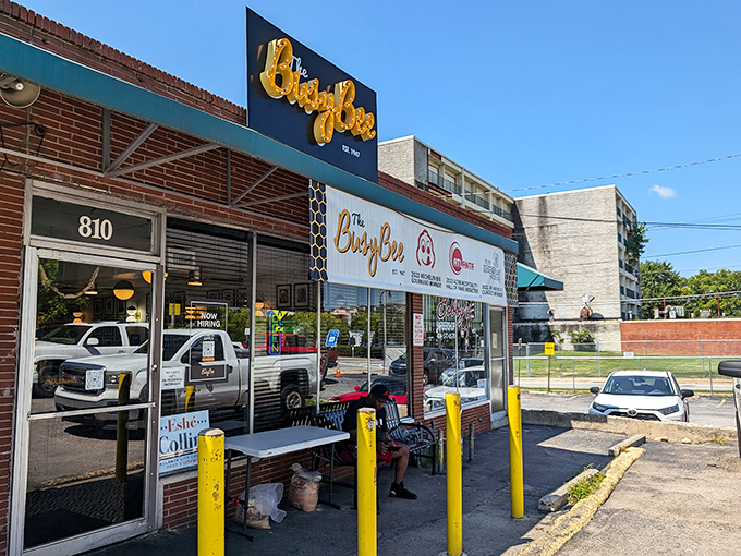 The iconic yellow and blue sign beckons like a lighthouse for hungry souls. Busy Bee has been Atlanta's fried chicken sanctuary since 1947.