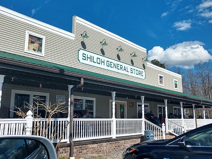 The unassuming exterior of Shiloh General Store stands like a time capsule, complete with rocking chairs that practically whisper "stay awhile, y'all."