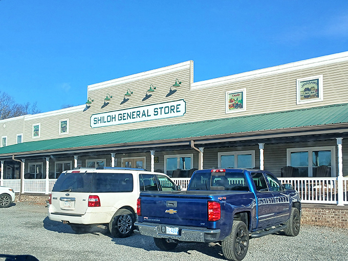 The unassuming exterior of Shiloh General Store stands like a time capsule, complete with rocking chairs that practically whisper "stay awhile, y'all." 