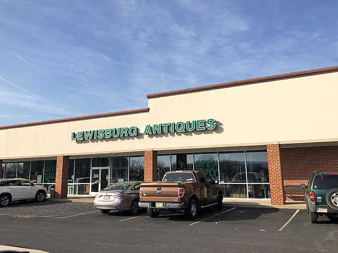 The green lettering against cream-colored stucco isn't just signage&mdash;it's a portal to Pennsylvania's past. Welcome to treasure-hunting headquarters.