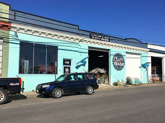 The turquoise facade of Class and Trash beckons like a vintage siren, promising treasures within that span from elegant to eccentric.