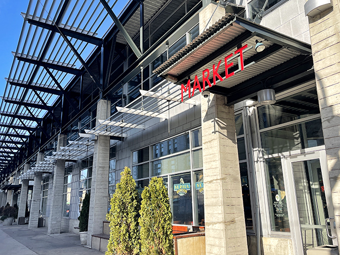 The Milwaukee Public Market stands proud against a blue sky, housing seafood treasures that would make coastal cities jealous.