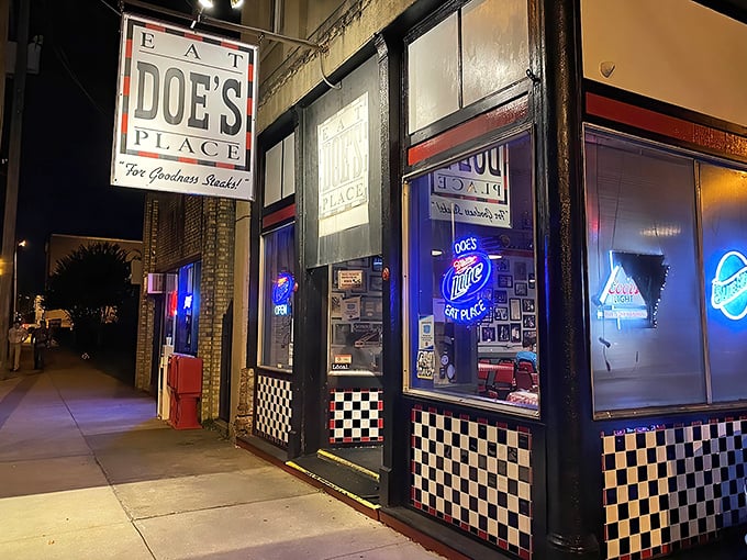 The unassuming exterior of Doe's Eat Place hides culinary greatness within, like finding a diamond in your backyard. That yellow truck knows what's up!