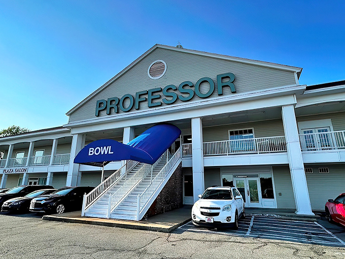 The grand entrance to Professor Bowl stands like a beacon of fun in Little Rock, complete with that iconic blue awning welcoming bowling enthusiasts of all ages.