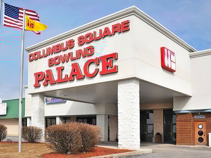 That iconic red signage beckons like a neon-lit promise of strikes, spares, and the occasional gutter ball adventure.