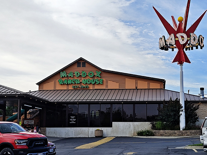 The glowing green sign of Maddox Ranch House beckons like a meaty lighthouse against the Utah mountains&mdash;a beacon of beef since 1949.