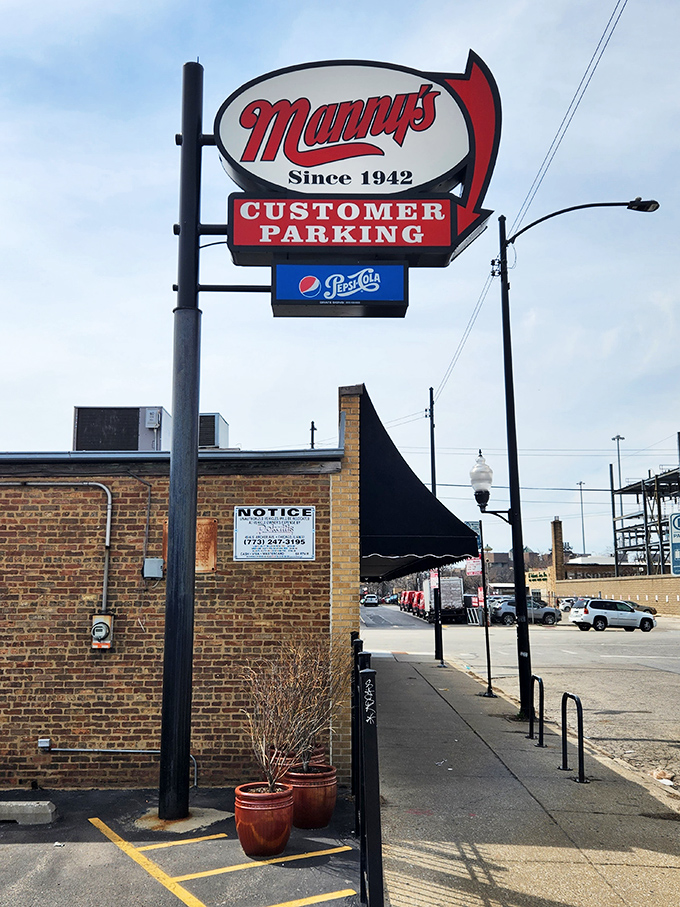 Chicago's skyline plays second fiddle to the real star&mdash;that iconic red Manny's sign promising delicatessen delights since 1942.