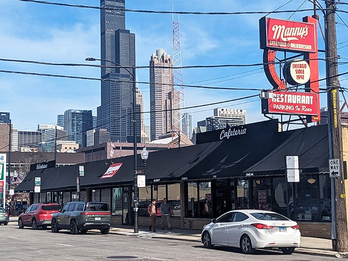 Chicago's skyline plays second fiddle to the real star&mdash;that iconic red Manny's sign promising delicatessen delights since 1942.