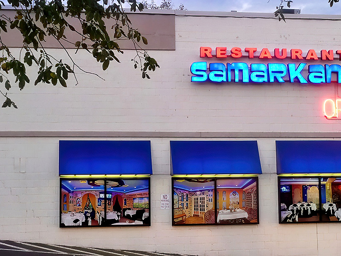 The unassuming exterior of Samarkand hides culinary treasures within, like finding a Picasso at a yard sale. The steer silhouette signals carnivorous delights await.