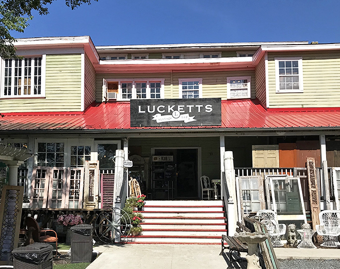 The iconic clapboard and red metal roof of Lucketts Store welcomes treasure hunters with vintage finds already spilling onto the porch.