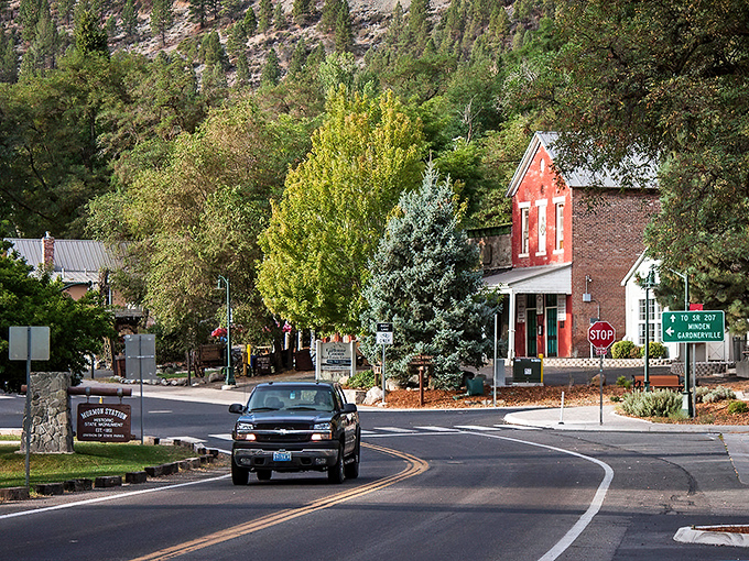 The Genoa Volunteer Fire Department stands like a proud sentinel against the Sierra backdrop, quietly protecting Nevada's oldest settlement since 1864. 