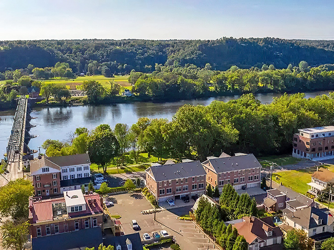 Frenchtown's aerial view reveals what real estate agents call "location, location, location" &ndash; a picturesque riverside town where the Delaware River curves like nature's own welcome sign.