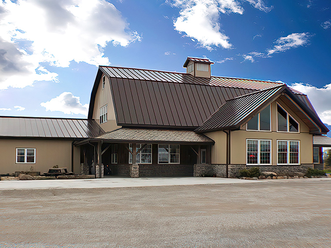 The modern barn-inspired exterior of Country Fabrics stands proudly against Ohio's countryside, promising textile treasures within its welcoming walls.