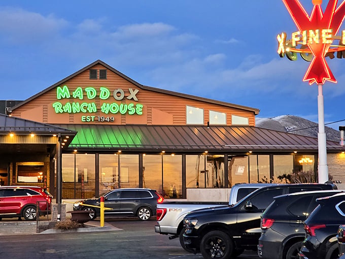 The glowing green sign of Maddox Ranch House beckons like a meaty lighthouse against the Utah mountains&mdash;a beacon of beef since 1949.