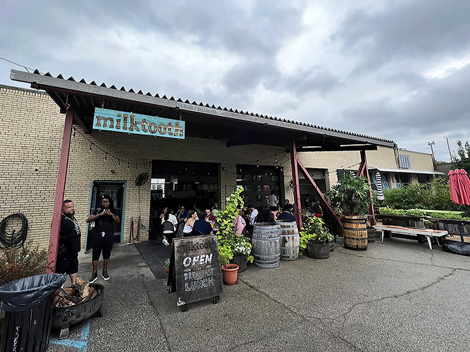 The former auto repair shop now fixes hunger pangs instead of carburetors. Milktooth's unassuming exterior hides culinary treasures within, like finding a Rolex at a yard sale.