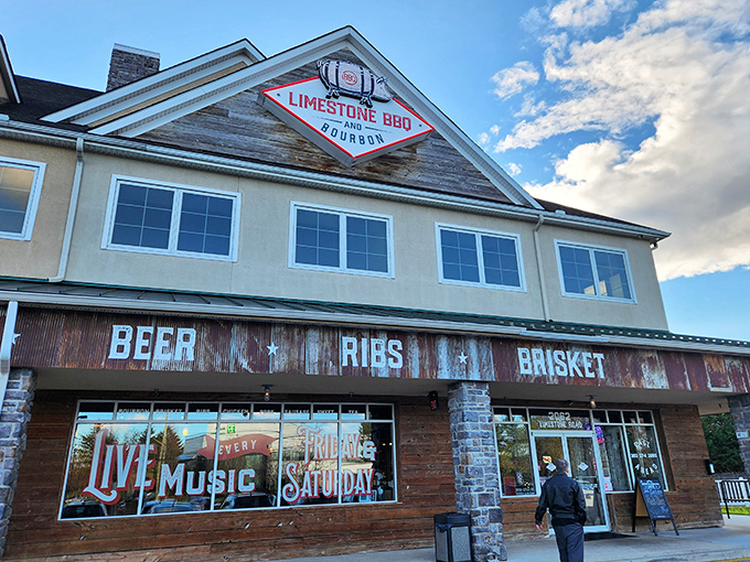 The rustic wooden fa&ccedil;ade boldly announces its priorities: RIBS, BRISKET, TACOS. No false advertising here&mdash;just a promise of smoky delights within.